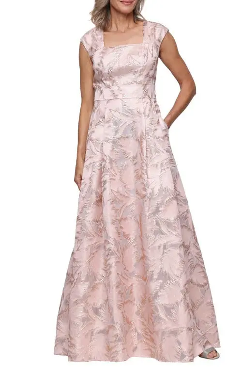 Alex Evenings Metallic Leaf Jacquared Empire Waist Gown - Rose Gold
