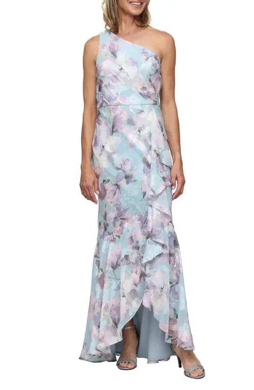 Alex Evenings One-shoulder Floral Print Burnout Chiffon Gown - Blue/multi