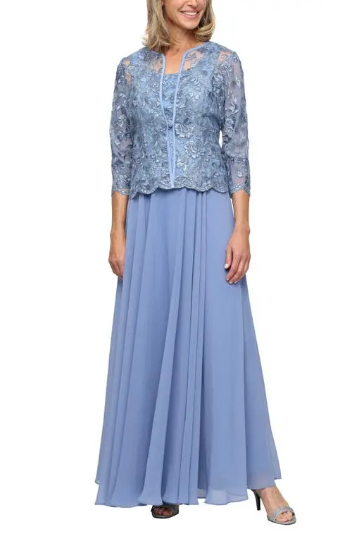 Alex Evenings Mixed Media Sleeveless Gown With Embroidered Jacket - Dusty Blue