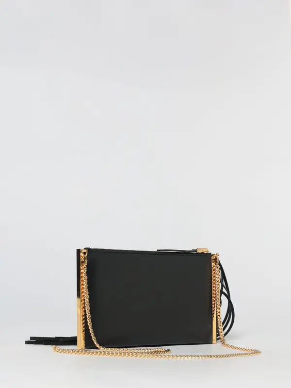 Elisabetta Franchi Nappa Leather Clutch With Fringes And Chain Strap - Black