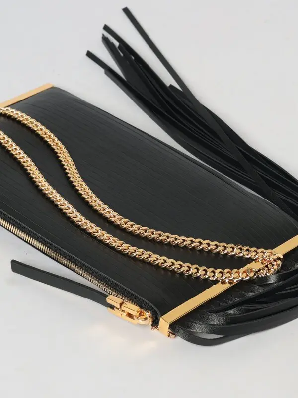 Elisabetta Franchi Nappa Leather Clutch With Fringes And Chain Strap - Black