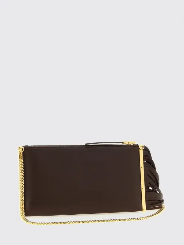 Elisabetta Franchi Nappa Leather Clutch With Fringes And Chain Strap - Cocoa