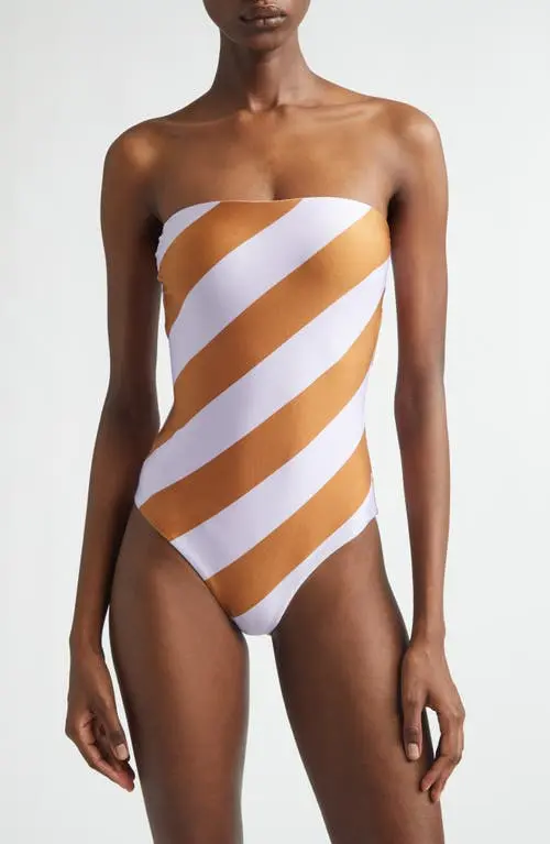Zimmermann Indra Stripe One-piece Bandeau Swimsuit - Lilac Tan Stripe