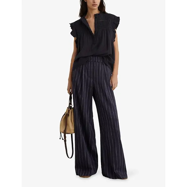 REISS Florie Ruffle-neck Cheesecloth Cotton Top