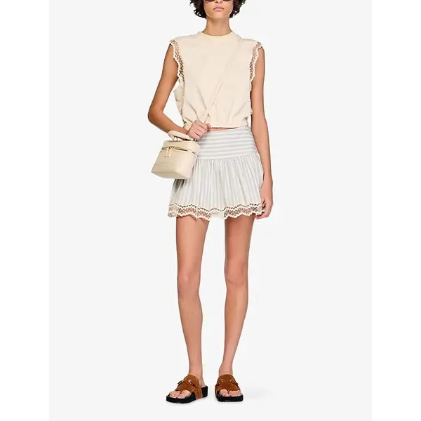 Sandro Cropped Lace-embroidered Cotton T-shirt - Ecru