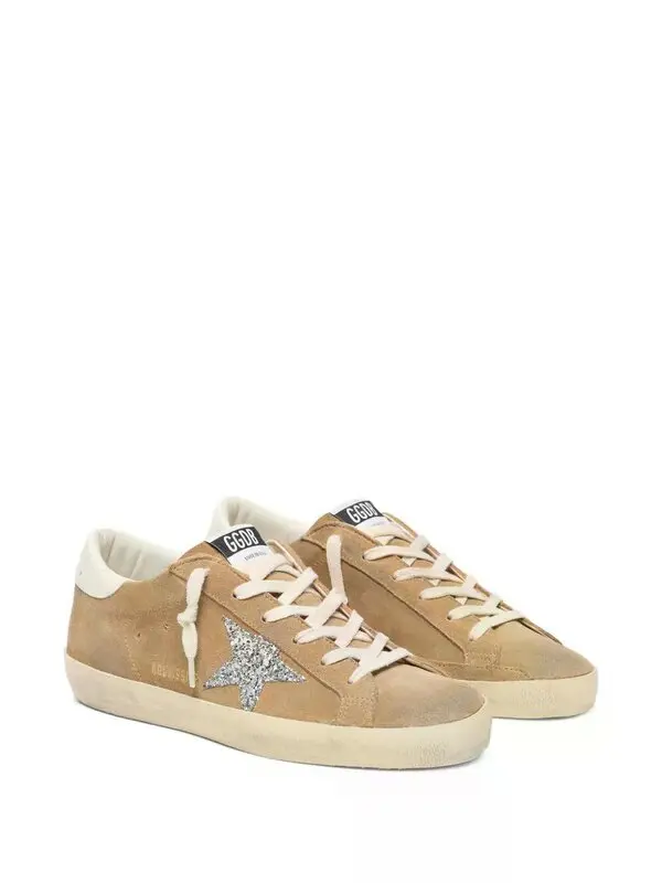 GOLDEN GOOSE Super-star In Tobacco Suede With Silver Glitter Star Sneakers - Neutrals