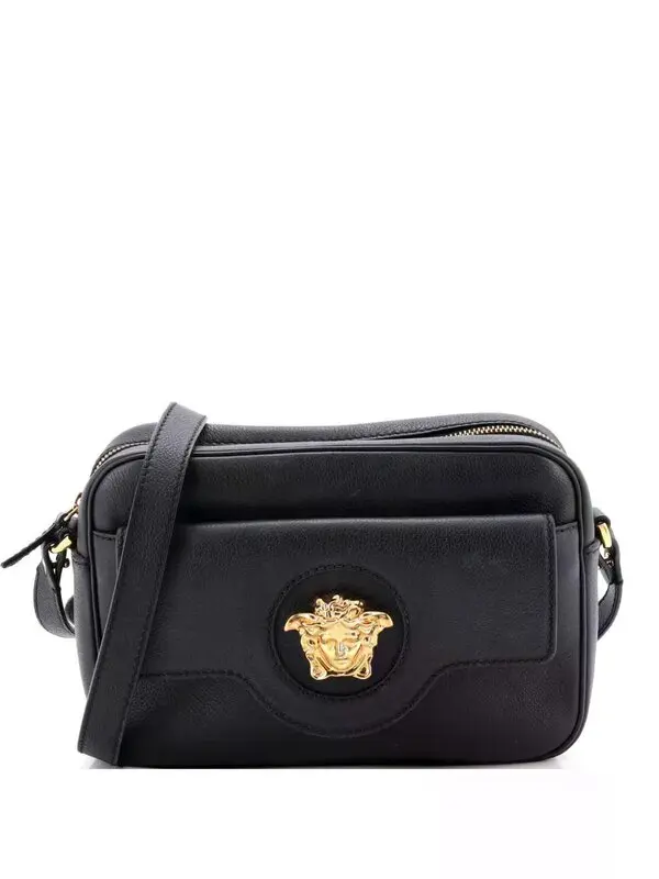 Versace La Medusa Flap Pocket Camera Bag Leather Small Crossbody Bag - Black
