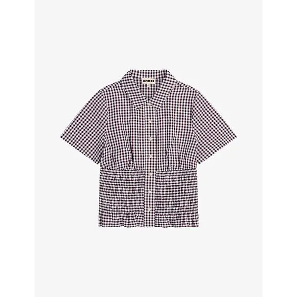 OMNES Gingham Shirred Cotton Blouse