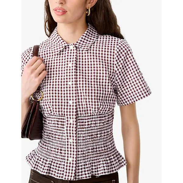 OMNES Gingham Shirred Cotton Blouse