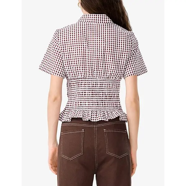 OMNES Gingham Shirred Cotton Blouse