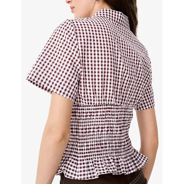 OMNES Gingham Shirred Cotton Blouse