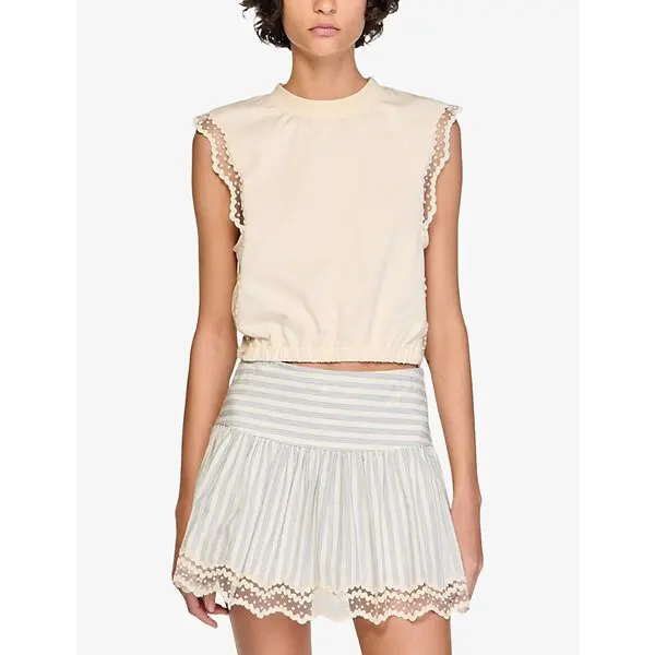 Sandro Cropped Lace-embroidered Cotton T-shirt