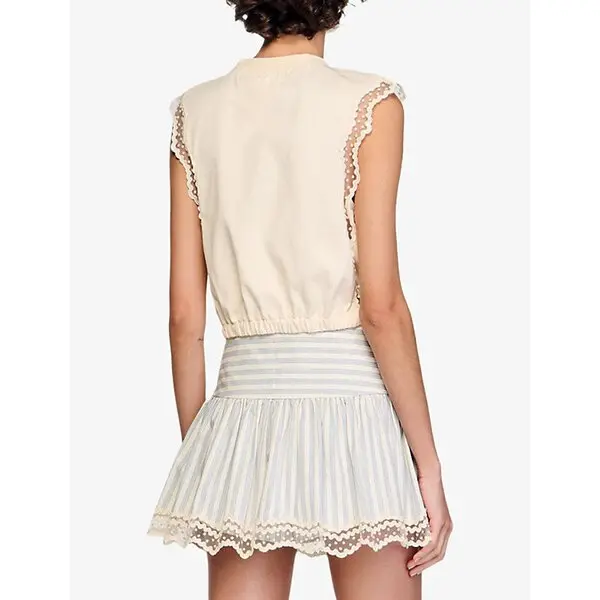 Sandro Cropped Lace-embroidered Cotton T-shirt