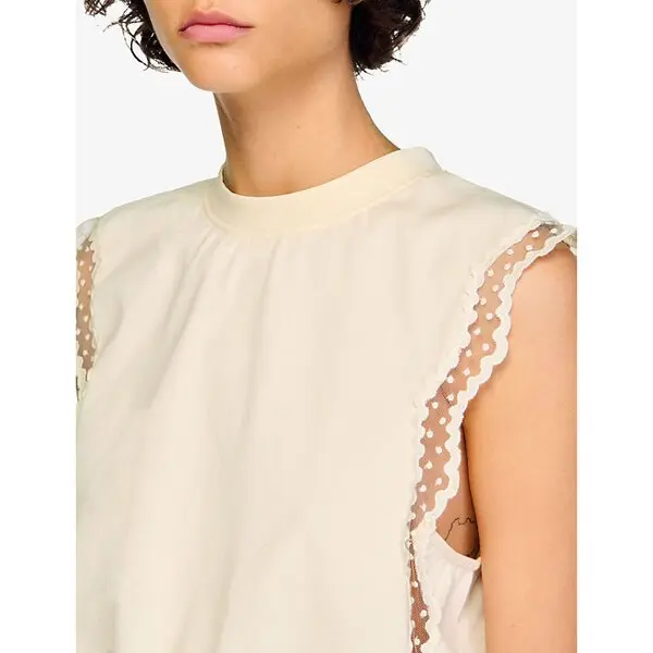 Sandro Cropped Lace-embroidered Cotton T-shirt