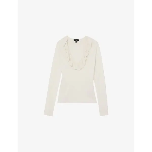 REISS Ruffle-neck Stretch Silk-blend Top - Off White