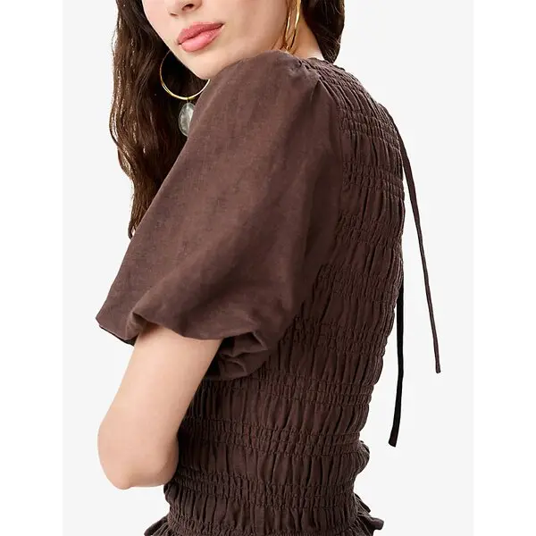 OMNES Nicolla Shirred-bodice Linen-blend Top - Chocolate