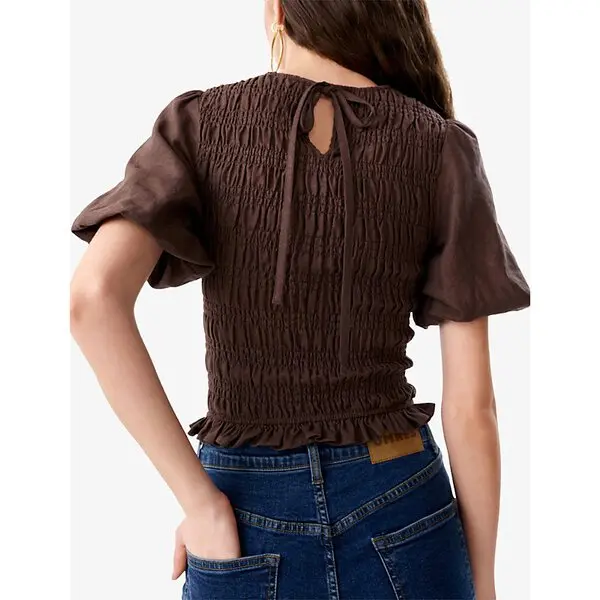 OMNES Nicolla Shirred-bodice Linen-blend Top - Chocolate