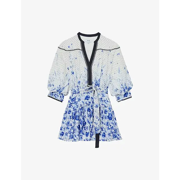 REISS Floral-print Woven Mini Dress - Ivory Blue