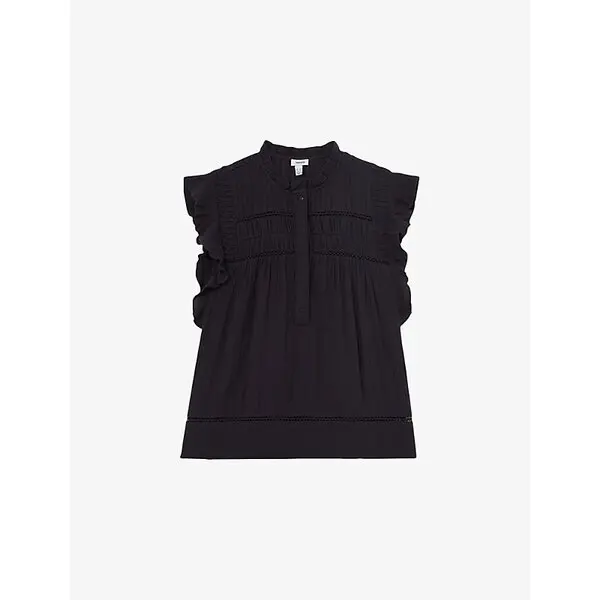 REISS Florie Ruffle-neck Cheesecloth Cotton Top - Navy