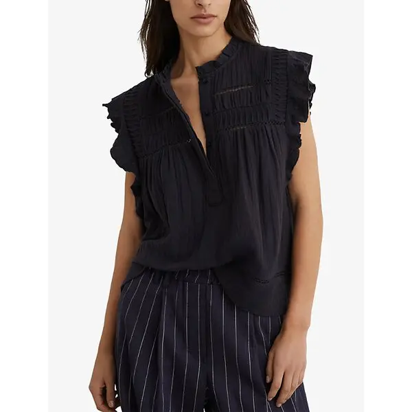 REISS Florie Ruffle-neck Cotton Cheesecloth Top - Navy