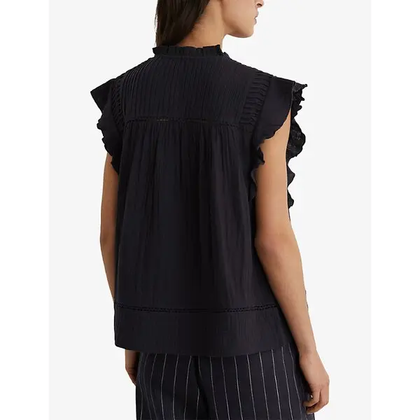REISS Florie Ruffle-neck Cotton Cheesecloth Top - Navy