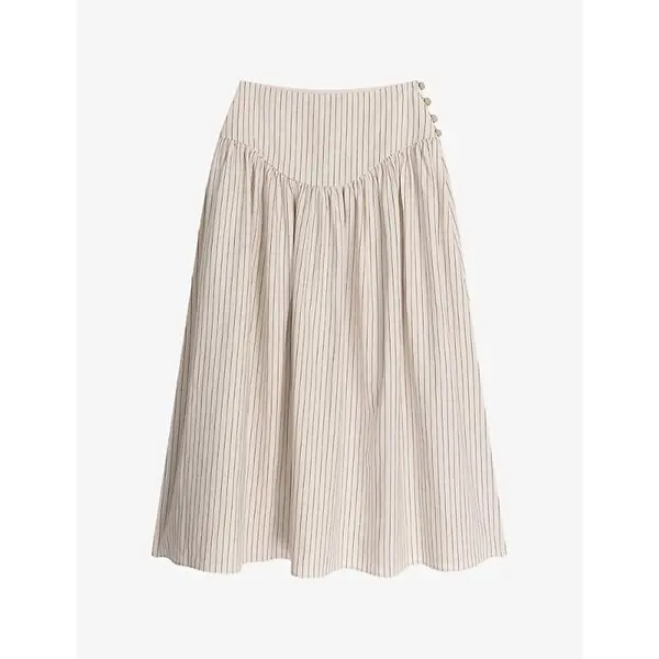 OMNES Lucille Flared Linen-blend Midi Skirt - Cream/black Stripe