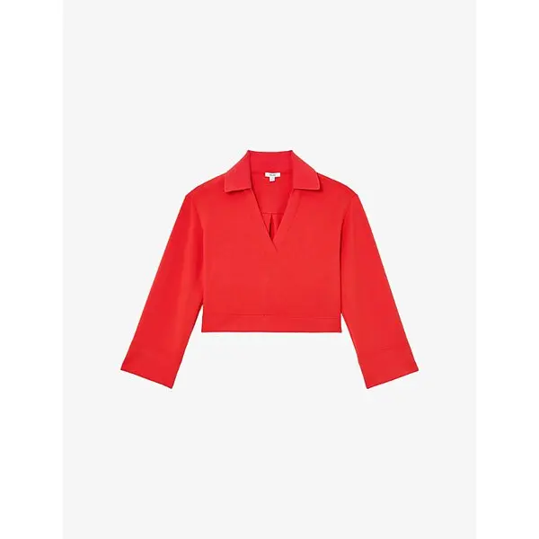 REISS Premium Interlock Open-collar Sweatshirt - Coral Red
