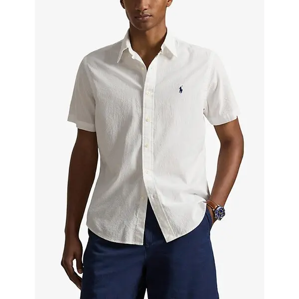 Polo Ralph Lauren Logo-embroidered Short-sleeved Cotton-seersucker Shirt - White