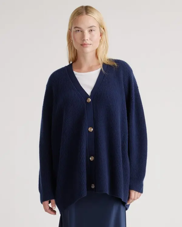 Quince Mongolian Spring Cashmere Oversized Boyfriend Cardigan Sweater - Navy