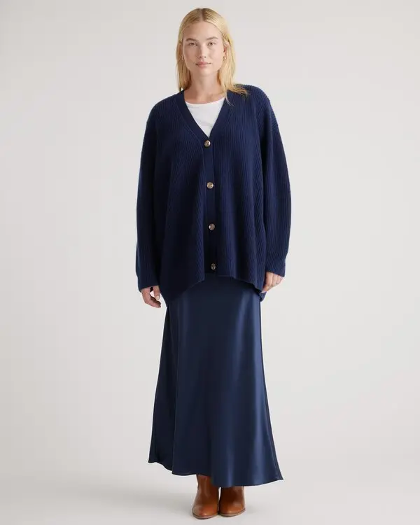 Quince Mongolian Spring Cashmere Oversized Boyfriend Cardigan Sweater - Navy