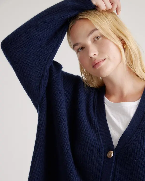 Quince Mongolian Spring Cashmere Oversized Boyfriend Cardigan Sweater - Navy