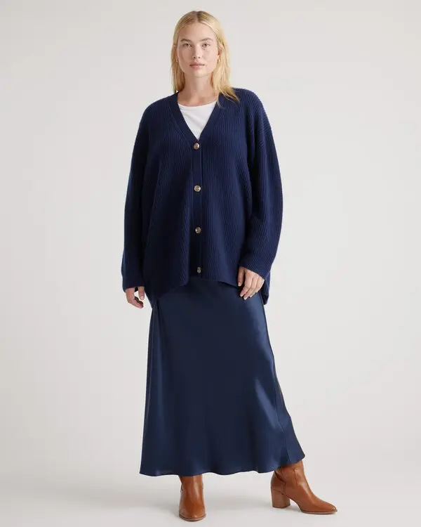 Quince Mongolian Spring Cashmere Oversized Boyfriend Cardigan Sweater - Navy