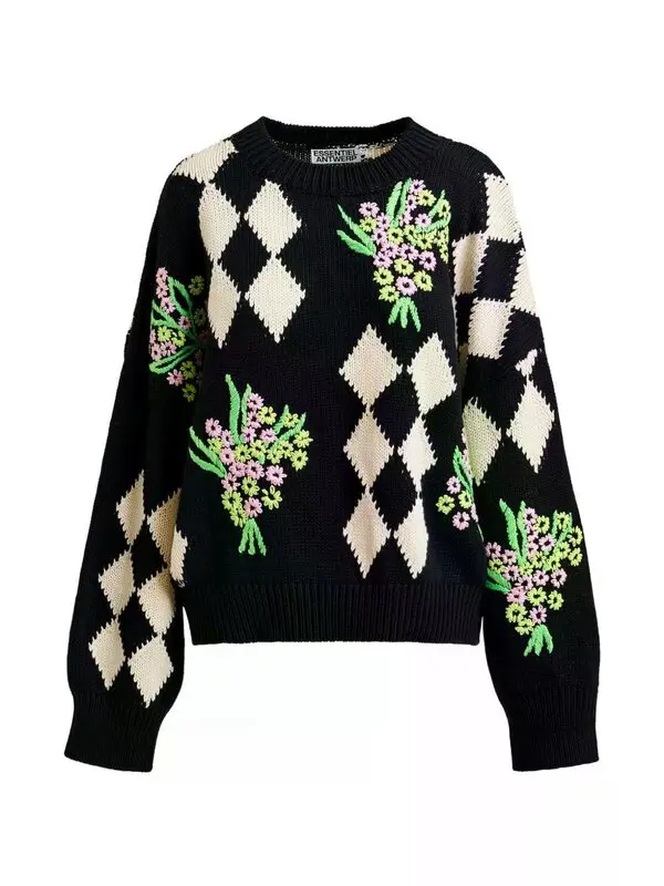 Essentiel Antwerp Floral-embellished Check-pattern Sweater - Black