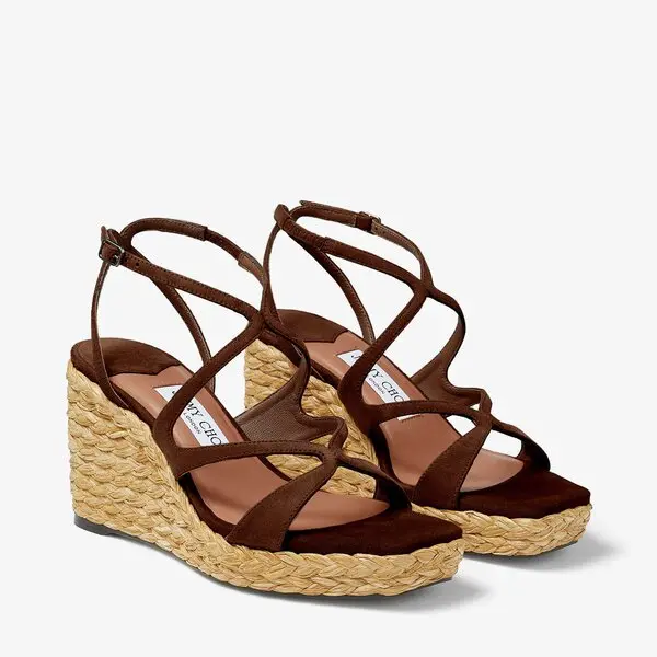 JIMMY CHOO Ayla 85 Suede Wedge Sandal - Coffee