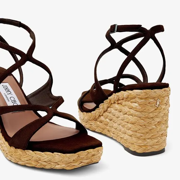 JIMMY CHOO Ayla 85 Suede Wedge Sandal - Coffee