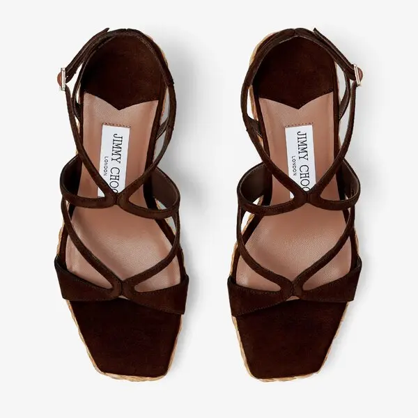 JIMMY CHOO Ayla 85 Suede Wedge Sandal - Coffee