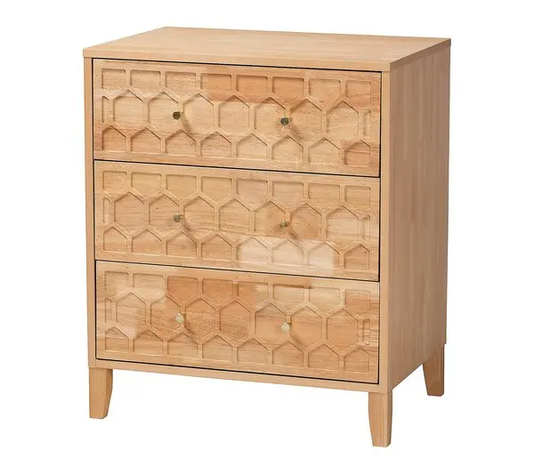 BAXTON STUDIO Hosea Carved Honeycomb Natural 3-drawer Chest - One-color