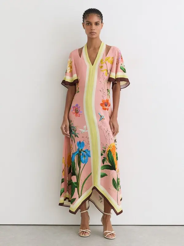 REISS Flossy Floral-print Cut-out Midi Dress