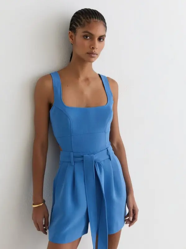 REISS Lyon Cut-out Belted Playsuit - Blue