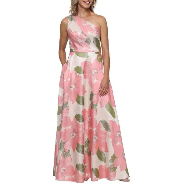 Alex Evenings Metallic Floral One-shoulder Gown - Coral Multi