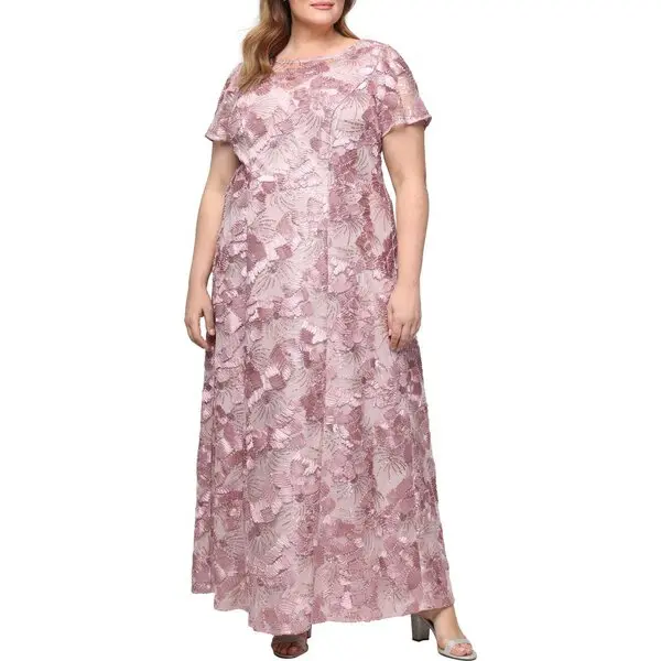 Alex Evenings Sequin Soutache Floral A-line Gown - Rose