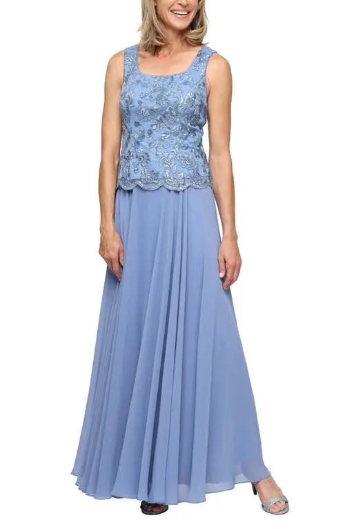 Alex Evenings Mixed Media Gown With Embroidered Jacket - Dusty Blue