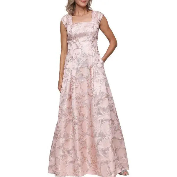 Alex Evenings Leaf Print Metallic Jacquard Gown - Rose Gold