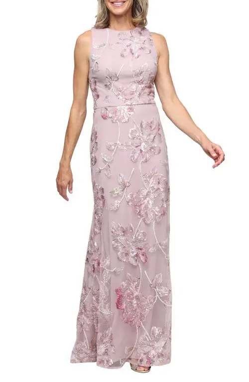 Alex Evenings Sequin Embroidered Mesh Column Gown - Blush