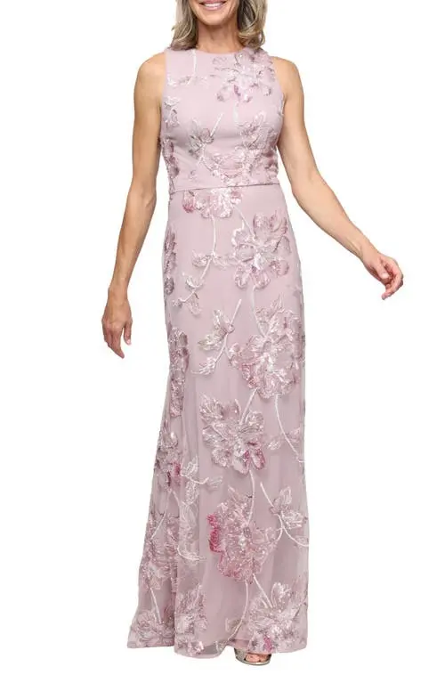 Alex Evenings Sequin Embroidered Mesh Column Gown - Blush
