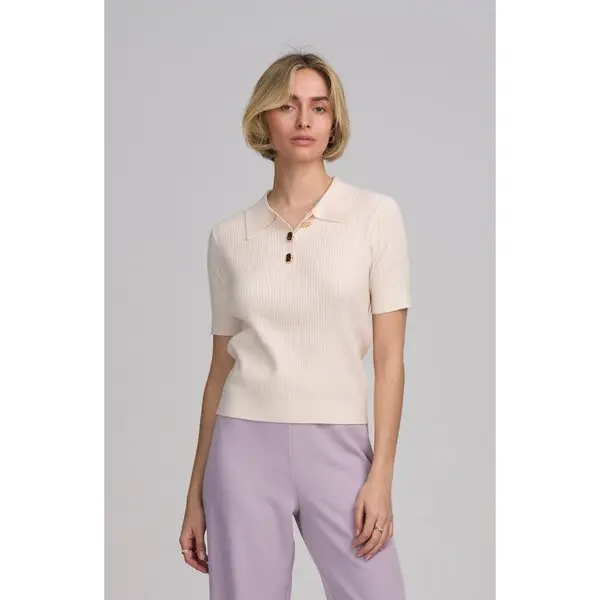 ELLE COLLECTION Fine Gauge Ribbed Henley - Ivory