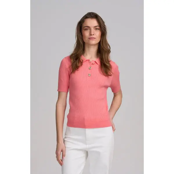 ELLE COLLECTION Fine Gauge Ribbed Short Sleeve Henley - Pink