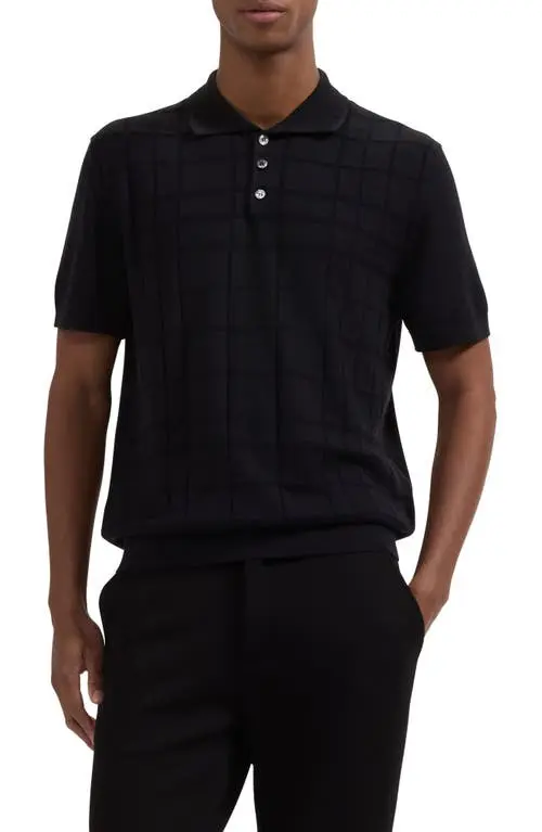Bugatchi Textured Grid Polo Sweater - Black