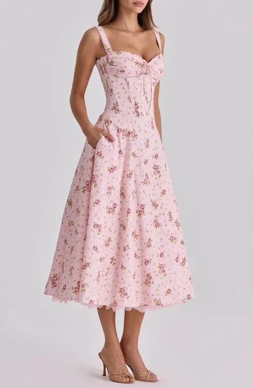House Of Cb Rosalee Floral Stretch Cotton Midi Dress - Vintage Rose