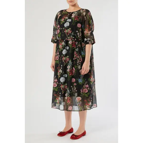 Marina Rinaldi Floral Print Voile Midi Dress - Black